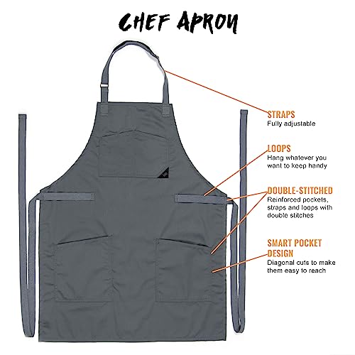 Under NY Sky Chef Apron – Professional Gray Twill – Cotton Straps - Smart Pockets - Adjustable for Men and Women – Pro Chef, Cook, Kitchen, Baker, Barista, Bartender, Server Aprons