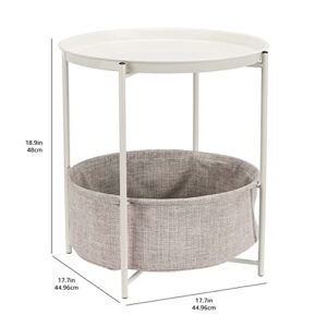 Amazon Basics Round Storage End Table, Side Table with Cloth Basket, White/Heather Gray, 18 in x 18 in x 19 in