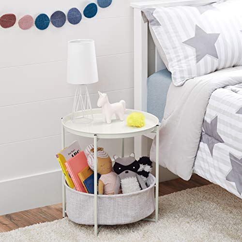 Amazon Basics Round Storage End Table, Side Table with Cloth Basket, White/Heather Gray, 18 in x 18 in x 19 in