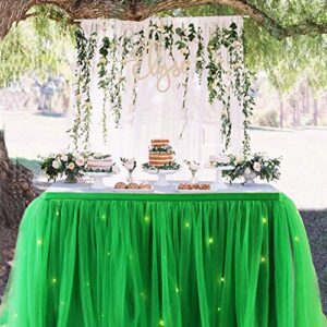 OakHaomie 10ft Table Skirt Tulle Tutu Table Cloth with 15pcs String Lights for Rectangle or Round Table for Party,Wedding,Birthday Party&Home Decoration,Table Skirting (Green, 10ftX2.63ft)