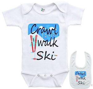 crawl walk ski -cute snow skiing winter sports baby bodysuit onesie & bib set