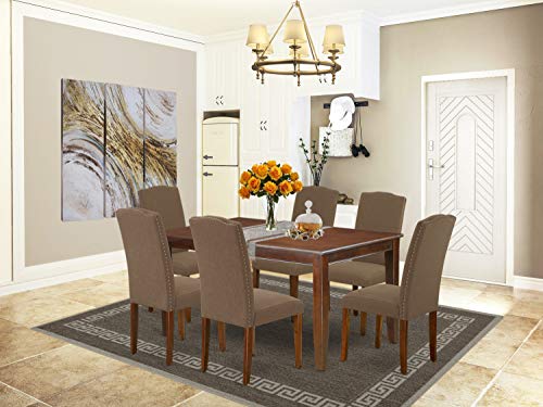 East West Furniture Dudley 7 Piece Set Consist of a Rectangle Dining Room Table and 6 Dark Coffee Linen Fabric Upholstered Parson Chairs, 36x60 Inch, Mahogany