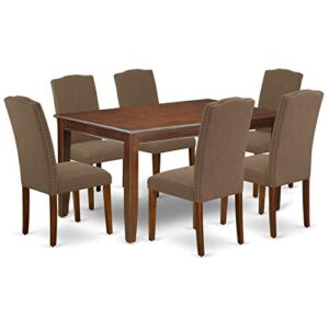 East West Furniture Dudley 7 Piece Set Consist of a Rectangle Dining Room Table and 6 Dark Coffee Linen Fabric Upholstered Parson Chairs, 36x60 Inch, Mahogany