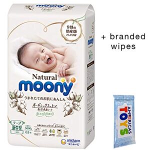 Baby Organic Diapers Size NB (0-11 lb) 63 count – Moony Natural Diapers Bundle with Americas Toys Wipes Japanese Diapers Organic Cotton Additive-free Ingredients Notification Strips Packaging May Vary