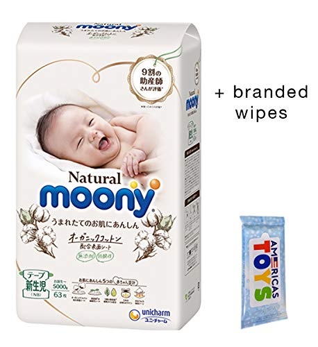 Baby Organic Diapers Size NB (0-11 lb) 63 count – Moony Natural Diapers Bundle with Americas Toys Wipes Japanese Diapers Organic Cotton Additive-free Ingredients Notification Strips Packaging May Vary