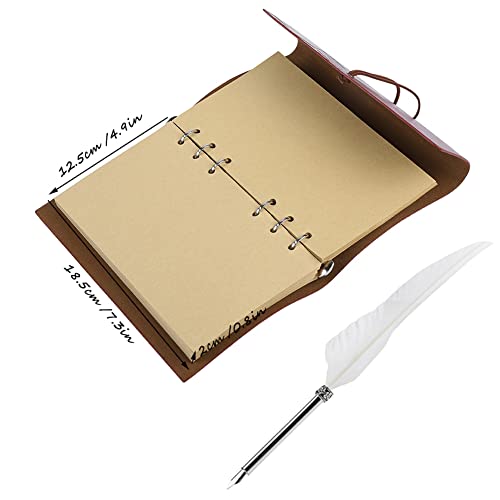 Zopsc Retro Leather Notebook with Fountain Pen with Pen Ink, Dip Feather Pen Set Calligraphy Pen Notebook,Leather Notebook Feather Quill Pen for Gift (red) (white)