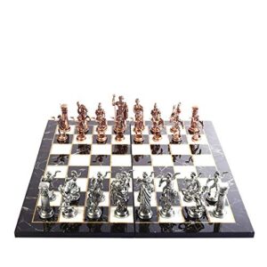 historical antique copper rome figures metal chess set for adults, handmade pieces and marble design wood chess board king 4 inc