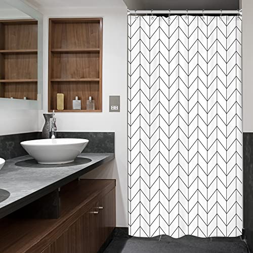 Riyidecor Black White Stall Small Dorm Camper Shower Curtain Liner RV Narrow Walkin Standing Half Little Size 36Wx72H Inch Chevron Herringbone Geometric Tiny Single Stand Up Fabric Bathroom Decor