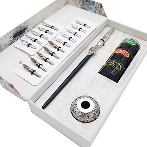 GC QUILL Calligraphy Pen Set, Wooden Dip Pen with 16 Dip Nibs, 3 Ink Bottles and 1 Pen Holder, Calligraphy Set for Beginners - MU-04