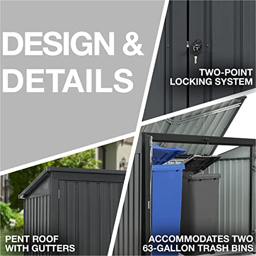 Hanover Trash and Recyclables Galvanized Steel Storage Shed with Pent Roof and 2-Point Locking System in Dark Gray, Stores 2 Trash Cans, 3.3-Ft. x 5.2-Ft. x 4.4-Ft.