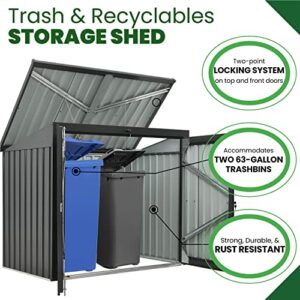 Hanover Trash and Recyclables Galvanized Steel Storage Shed with Pent Roof and 2-Point Locking System in Dark Gray, Stores 2 Trash Cans, 3.3-Ft. x 5.2-Ft. x 4.4-Ft.