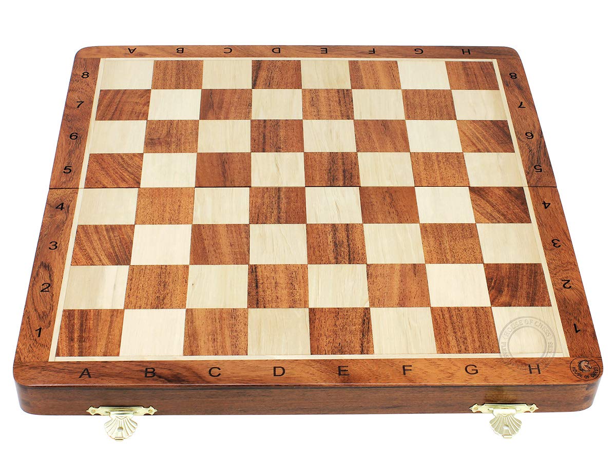 House of Chess - Victorian Staunton Golden Acacia Wood Chess Set - 14 x 14 Inches Wooden Folding Chess Board with Algebraic Notation - Wooden Chess Pieces with King Height 3 Inches + 2 Extra Queens