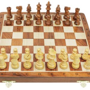 House of Chess - Victorian Staunton Golden Acacia Wood Chess Set - 14 x 14 Inches Wooden Folding Chess Board with Algebraic Notation - Wooden Chess Pieces with King Height 3 Inches + 2 Extra Queens