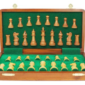 House of Chess - Victorian Staunton Golden Acacia Wood Chess Set - 14 x 14 Inches Wooden Folding Chess Board with Algebraic Notation - Wooden Chess Pieces with King Height 3 Inches + 2 Extra Queens