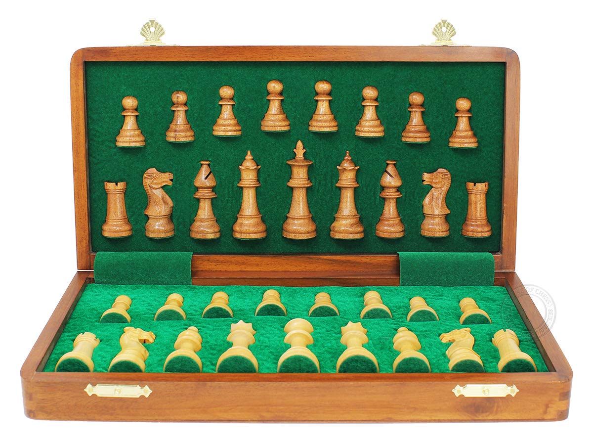 House of Chess - Victorian Staunton Golden Acacia Wood Chess Set - 14 x 14 Inches Wooden Folding Chess Board with Algebraic Notation - Wooden Chess Pieces with King Height 3 Inches + 2 Extra Queens