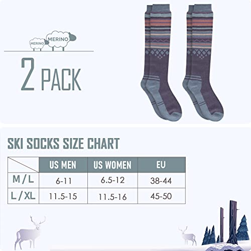 OutdoorMaster Ski Socks 2-Pack Merino Wool, Non-Slip Cuff for Men & Women - Gray, M/L