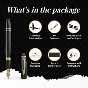 Wordsworth & Black Majesti Fountain Pen - (Black) Luxury Case, Gold Finish; 18K Gilded Medium Nib - 24 Ink Cartridges, Refillable Ink Converter-Calligraphy Pen-Best Business Gift Set for Men & Women