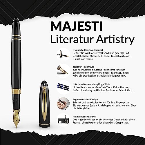 Wordsworth & Black Majesti Fountain Pen - (Black) Luxury Case, Gold Finish; 18K Gilded Medium Nib - 24 Ink Cartridges, Refillable Ink Converter-Calligraphy Pen-Best Business Gift Set for Men & Women