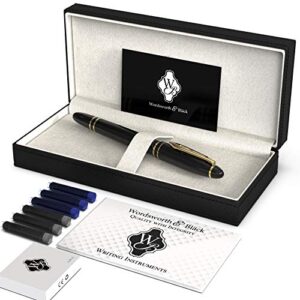 Wordsworth & Black Majesti Fountain Pen - (Black) Luxury Case, Gold Finish; 18K Gilded Medium Nib - 24 Ink Cartridges, Refillable Ink Converter-Calligraphy Pen-Best Business Gift Set for Men & Women