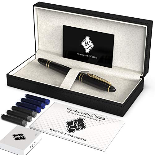 Wordsworth & Black Majesti Fountain Pen - (Black) Luxury Case, Gold Finish; 18K Gilded Medium Nib - 24 Ink Cartridges, Refillable Ink Converter-Calligraphy Pen-Best Business Gift Set for Men & Women