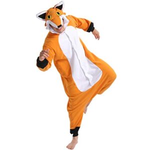 dressfan Animal Fox Onesie Fox Costume Cosplay Costume Fox Pajamas One Piece Sleepwear Orange for Unisex Adults Teens Kids