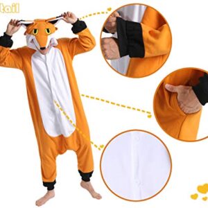 dressfan Animal Fox Onesie Fox Costume Cosplay Costume Fox Pajamas One Piece Sleepwear Orange for Unisex Adults Teens Kids