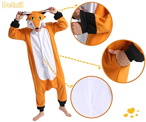 dressfan Animal Fox Onesie Fox Costume Cosplay Costume Fox Pajamas One Piece Sleepwear Orange for Unisex Adults Teens Kids