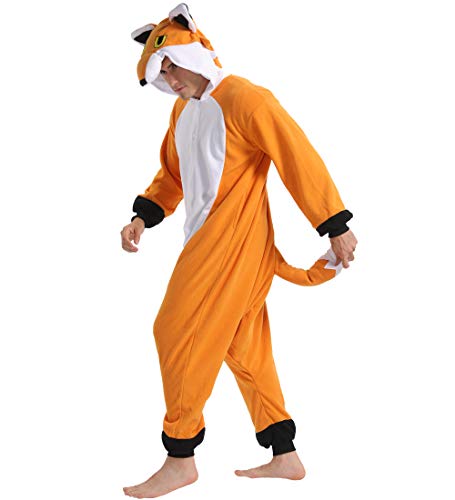 dressfan Animal Fox Onesie Fox Costume Cosplay Costume Fox Pajamas One Piece Sleepwear Orange for Unisex Adults Teens Kids