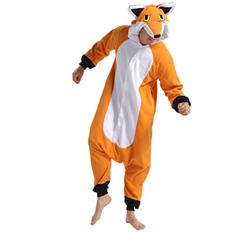 dressfan Animal Fox Onesie Fox Costume Cosplay Costume Fox Pajamas One Piece Sleepwear Orange for Unisex Adults Teens Kids