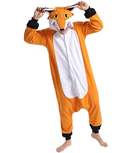 dressfan Animal Fox Onesie Fox Costume Cosplay Costume Fox Pajamas One Piece Sleepwear Orange for Unisex Adults Teens Kids