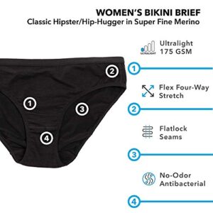 Woolly Clothing Women's Merino Wool Bikini Brief - Ultralight - Wicking Breathable Anti-Odor - Black size:X-Small