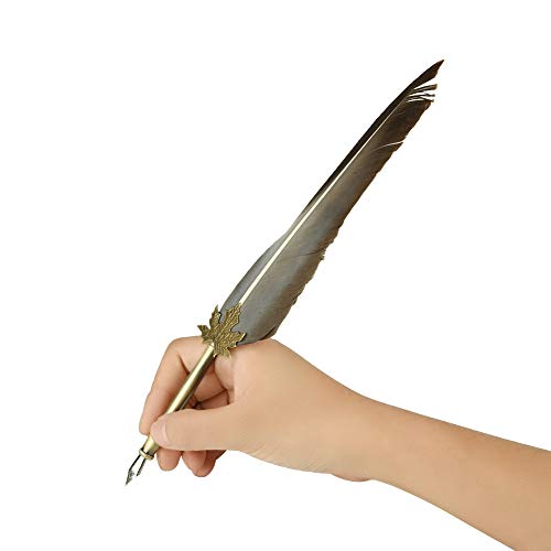 Quill Feather Pen, European Retro Feather Quill Alloy Pen Dip Nib Calligraphy Writing Pen Gift Set for Couples, Friends, Colleagues, Elders, Teachers(Gray)