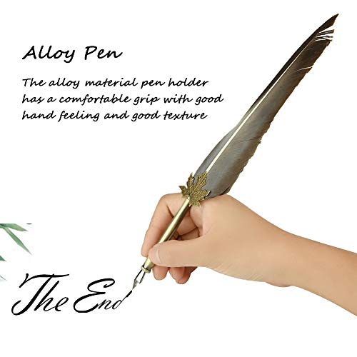 Quill Feather Pen, European Retro Feather Quill Alloy Pen Dip Nib Calligraphy Writing Pen Gift Set for Couples, Friends, Colleagues, Elders, Teachers(Gray)