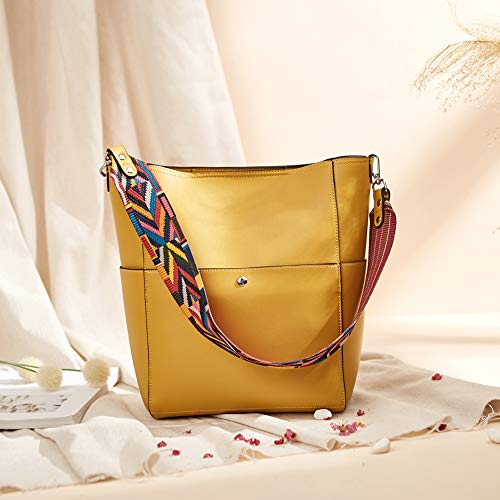 BROMEN Women Handbag Designer Vegan Leather Hobo Handbags Shoulder Bucket Cross-body Purse Yellow