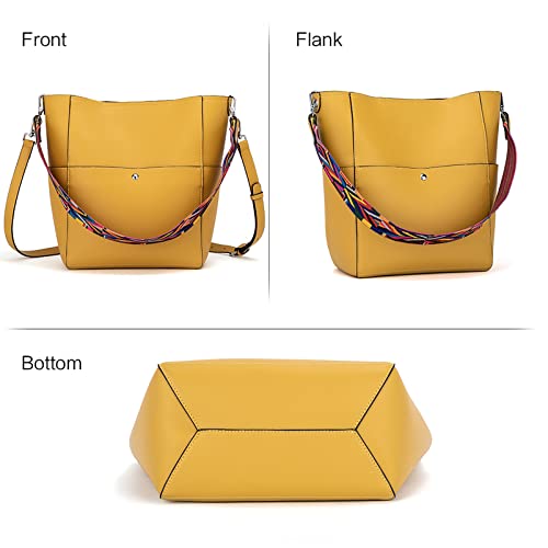 BROMEN Women Handbag Designer Vegan Leather Hobo Handbags Shoulder Bucket Cross-body Purse Yellow