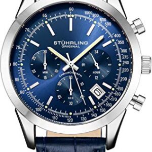 Stuhrling Original Mens Watches Chronograph Analog Blue Watch Dial with Date - Tachymeter 24-Hour Subdial Mens Blue Leather Strap - Watches for Men Rialto Collection (Blue)