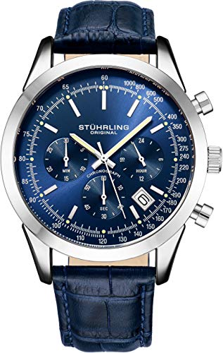 Stuhrling Original Mens Watches Chronograph Analog Blue Watch Dial with Date - Tachymeter 24-Hour Subdial Mens Blue Leather Strap - Watches for Men Rialto Collection (Blue)