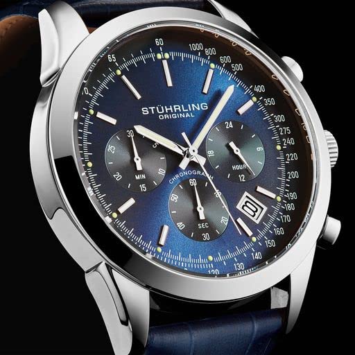 Stuhrling Original Mens Watches Chronograph Analog Blue Watch Dial with Date - Tachymeter 24-Hour Subdial Mens Blue Leather Strap - Watches for Men Rialto Collection (Blue)