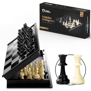 chess armory travel set 9.5" x 9.5"- mini for kids with folding magnetic board storage box, & 2 extra queen pieces - portable game