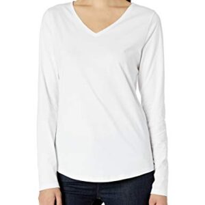 Amazon Essentials Women's Classic-Fit 100% Cotton Long-Sleeve V-Neck T-Shirt, White, Small