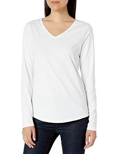 Amazon Essentials Women's Classic-Fit 100% Cotton Long-Sleeve V-Neck T-Shirt, White, Small