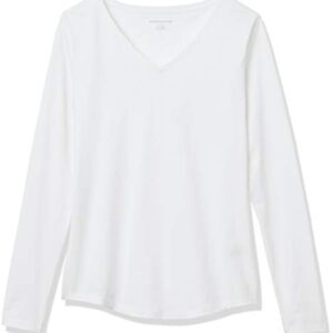 Amazon Essentials Women's Classic-Fit 100% Cotton Long-Sleeve V-Neck T-Shirt, White, Small