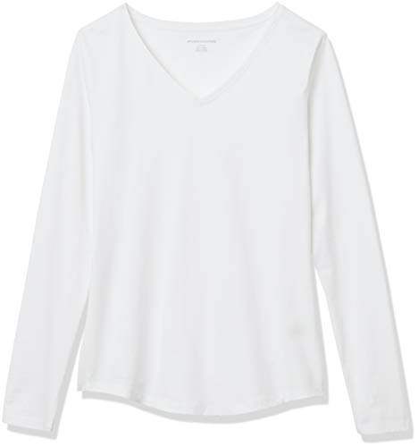 Amazon Essentials Women's Classic-Fit 100% Cotton Long-Sleeve V-Neck T-Shirt, White, Small