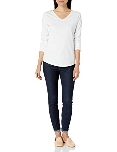 Amazon Essentials Women's Classic-Fit 100% Cotton Long-Sleeve V-Neck T-Shirt, White, Small