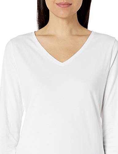 Amazon Essentials Women's Classic-Fit 100% Cotton Long-Sleeve V-Neck T-Shirt, White, Small