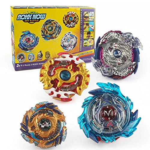 ROKK NOW Metal Fury Bey Battle Burst Gyro Blades High-Speed Metal Fusion Bay Spinning Tops Includes Starter Battle Arena, Launchers, 4 Battling Metal Gyro Blades for Children & Adults, Boys & Girls