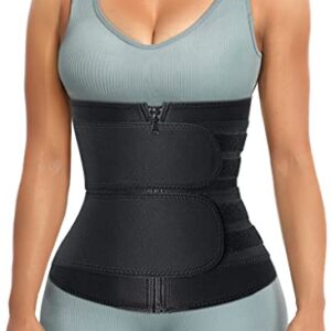 HOPLYNN Sweat Waist Trainer for Women Two Belts, Neoprene Workout Corset Waist Trainer Cincher Trimmer Shaper Zipper Black Medium