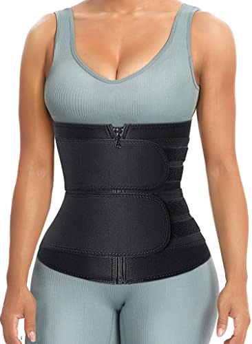 HOPLYNN Sweat Waist Trainer for Women Two Belts, Neoprene Workout Corset Waist Trainer Cincher Trimmer Shaper Zipper Black Medium