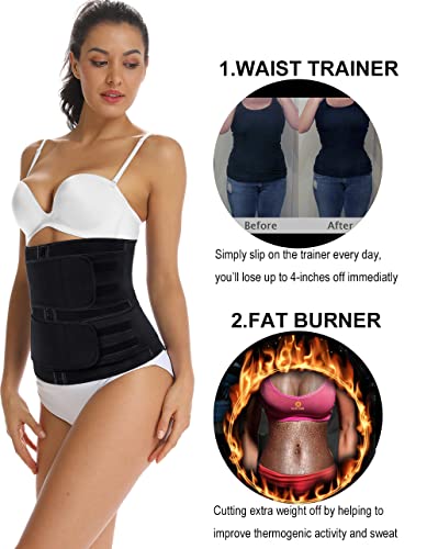 HOPLYNN Sweat Waist Trainer for Women Two Belts, Neoprene Workout Corset Waist Trainer Cincher Trimmer Shaper Zipper Black Medium