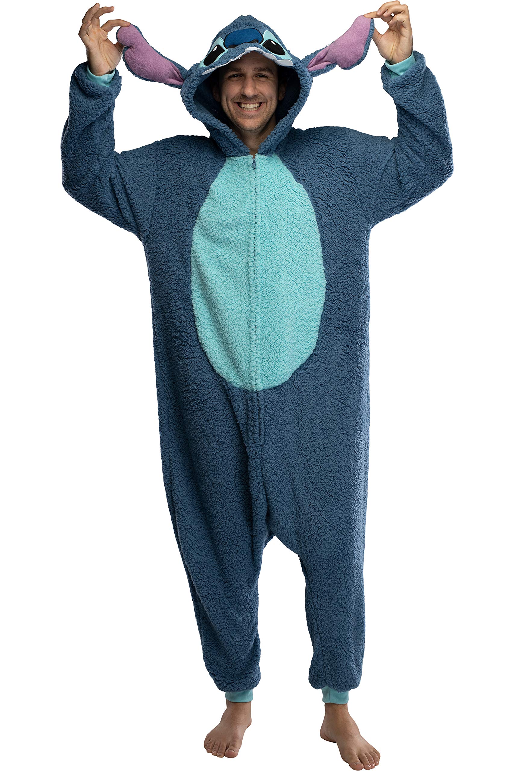 Disney Lilo & Stitch Adult Stitch Kigurumi Cosplay Costume Sherpa Union Suit Pajama Outfit (S/M) Blue